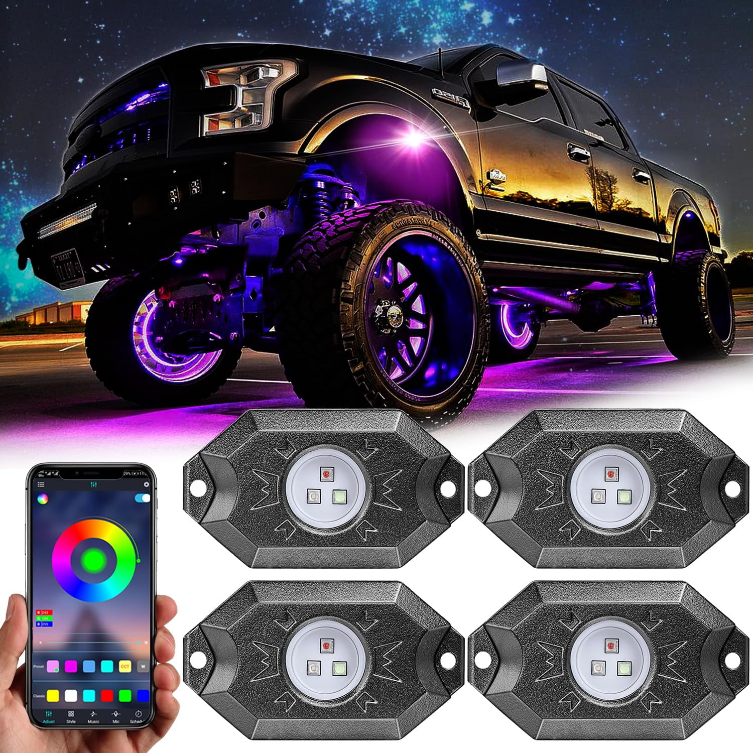 YCHOW-TECH RGB LED Rock Lights Kits, 4 Pods Neon Light Waterproof ...