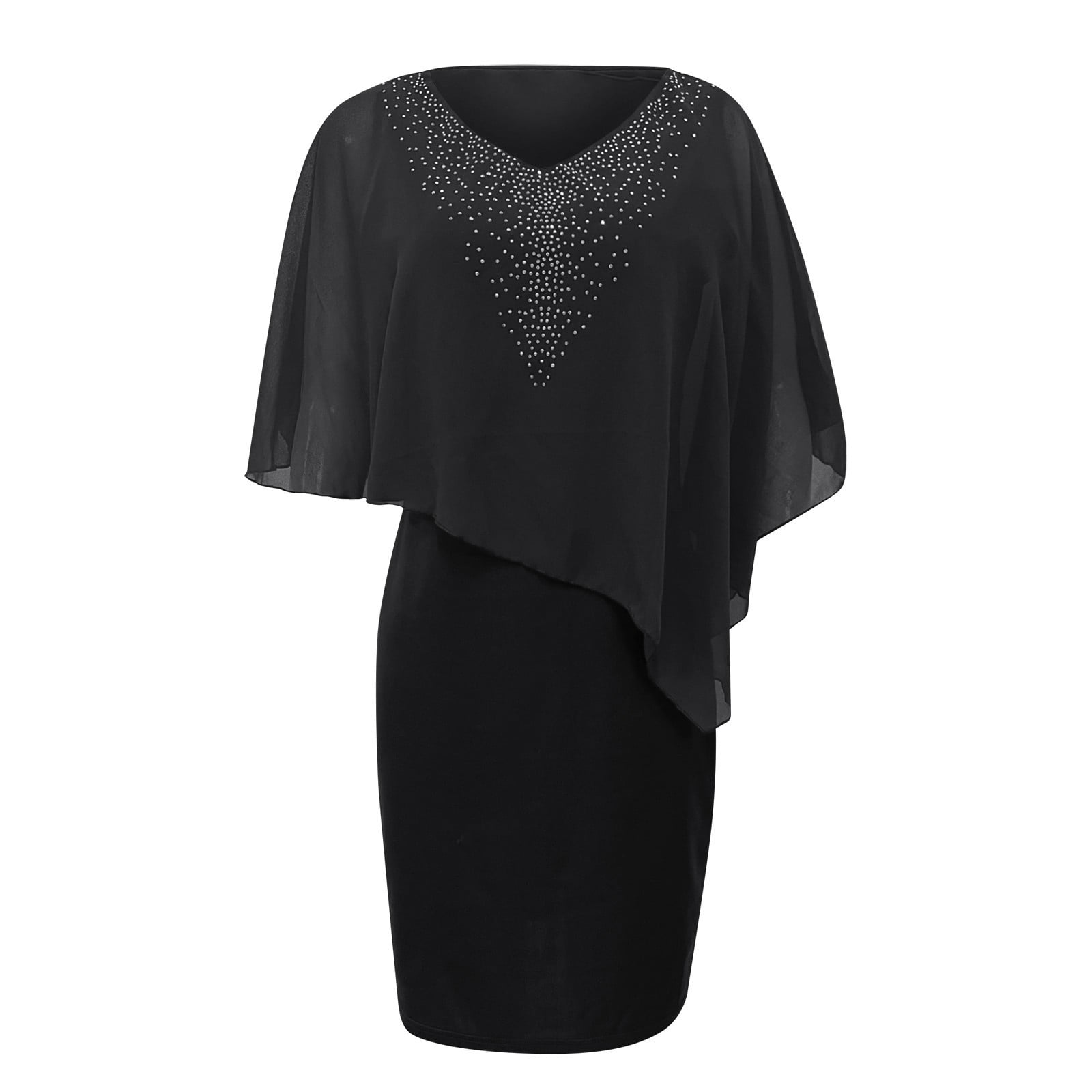 YDDIAN Womens Plus Size Cape Dress with Rhinestone V Neck Chiffon ...