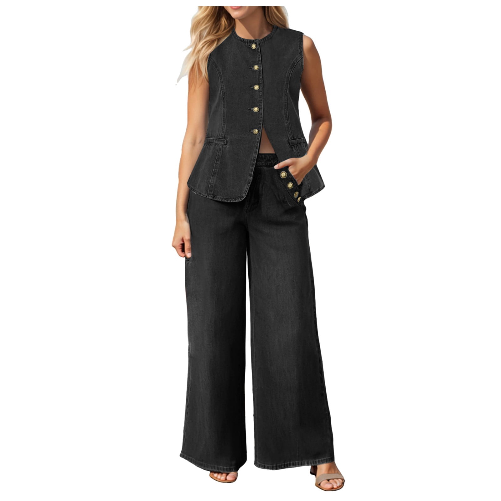 YDFCWXW Women 2 Piece Denim Set Button Sleeveless Jean Vest Denim Top ...
