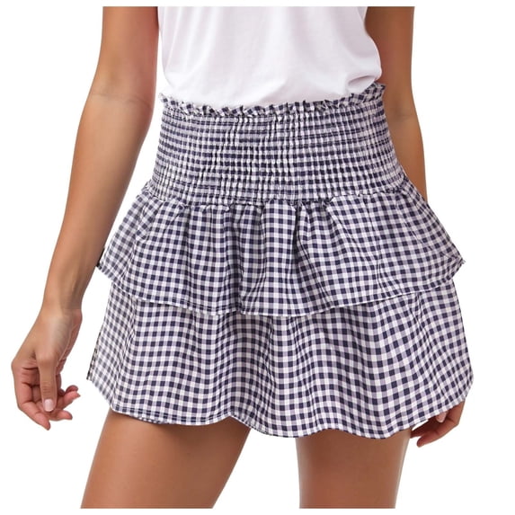 YDFCWXW Women's Gingham Mini Skirt High Waist Layered Ruffle A-Line ...