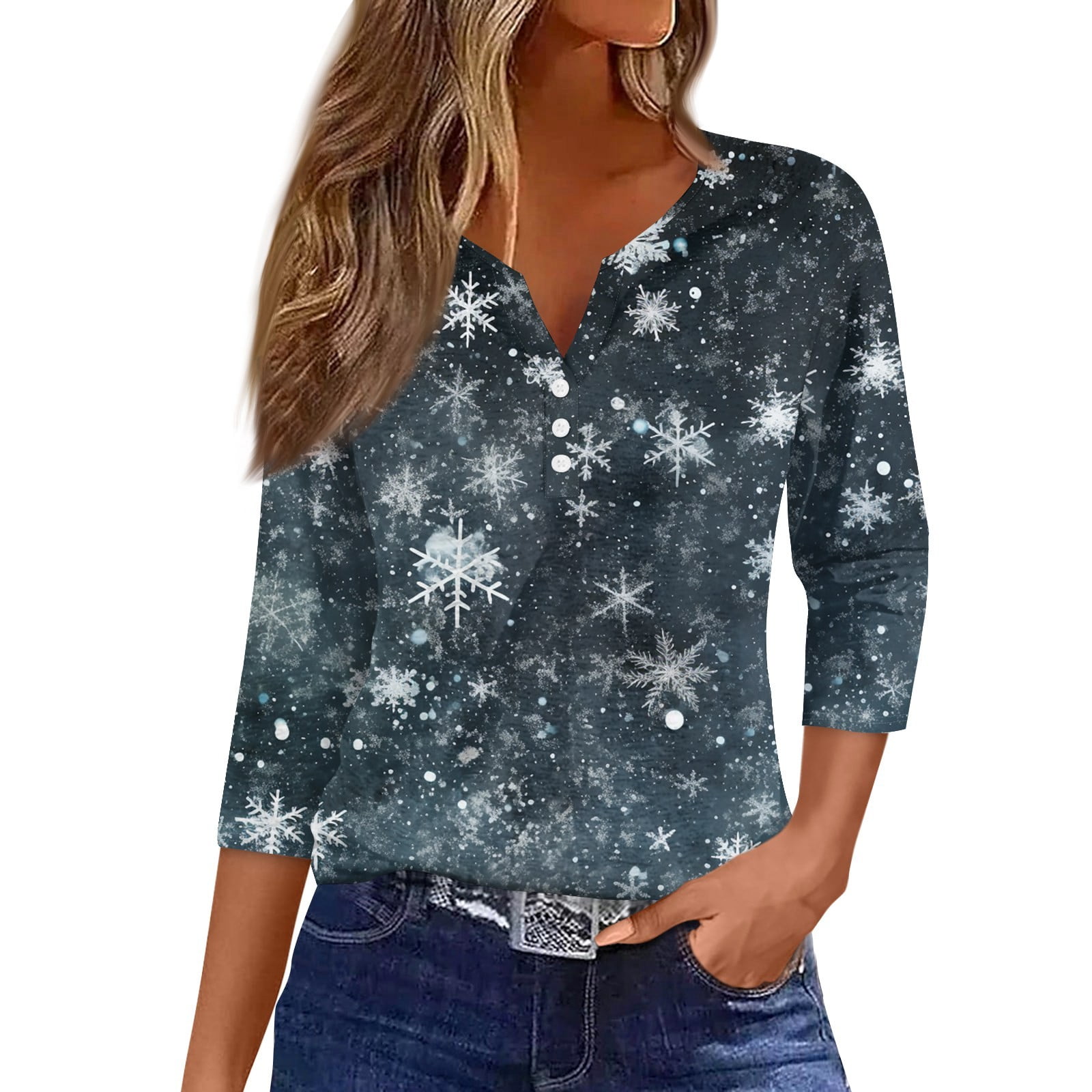 Ydkzymd Christmas Shirts For Women Sweatshirt Henley V Neck Button Down Christmas Tree Blouses 3