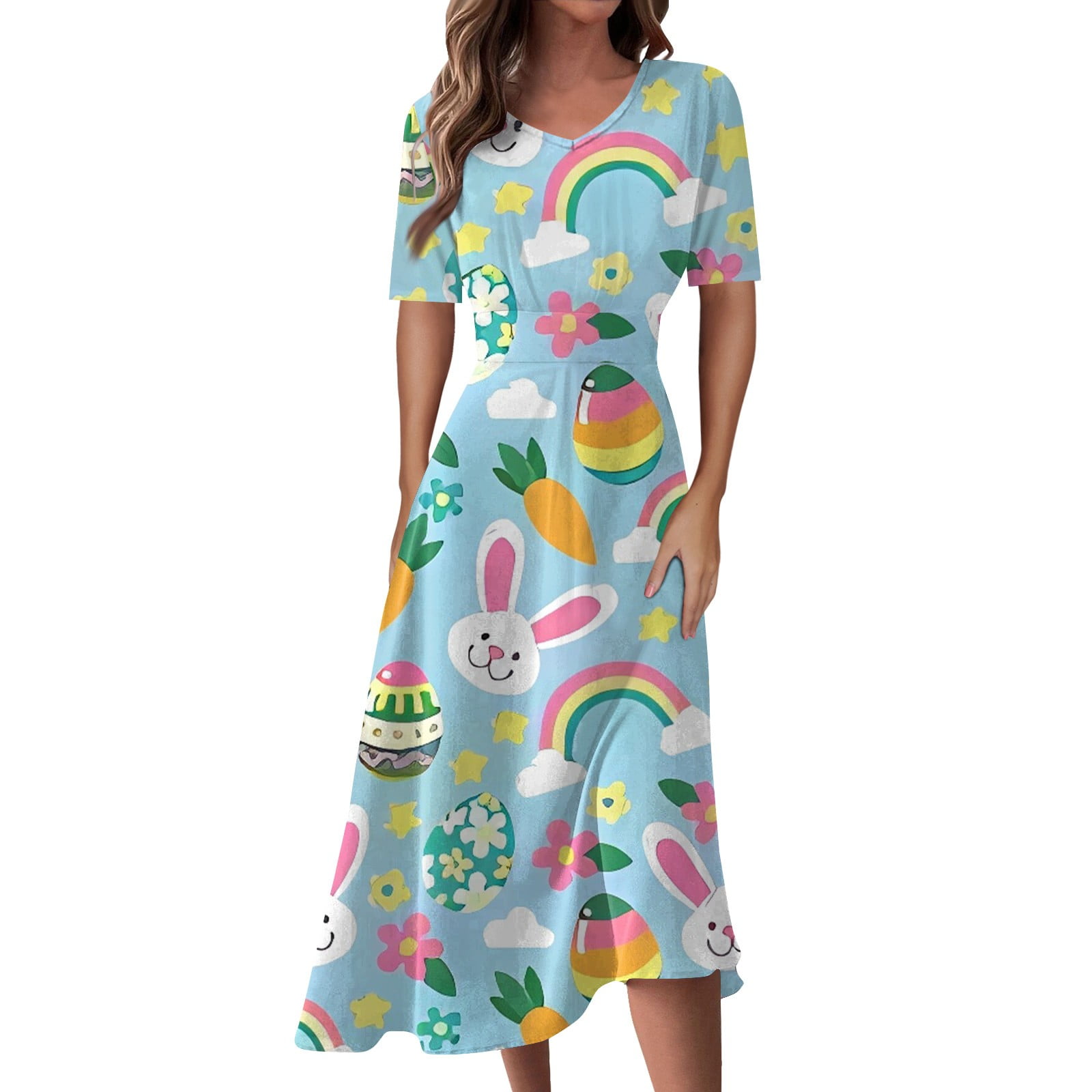 YDKZYMD Easter Dress Light Blue Women Dresses Egg Happy Midi Dress ...