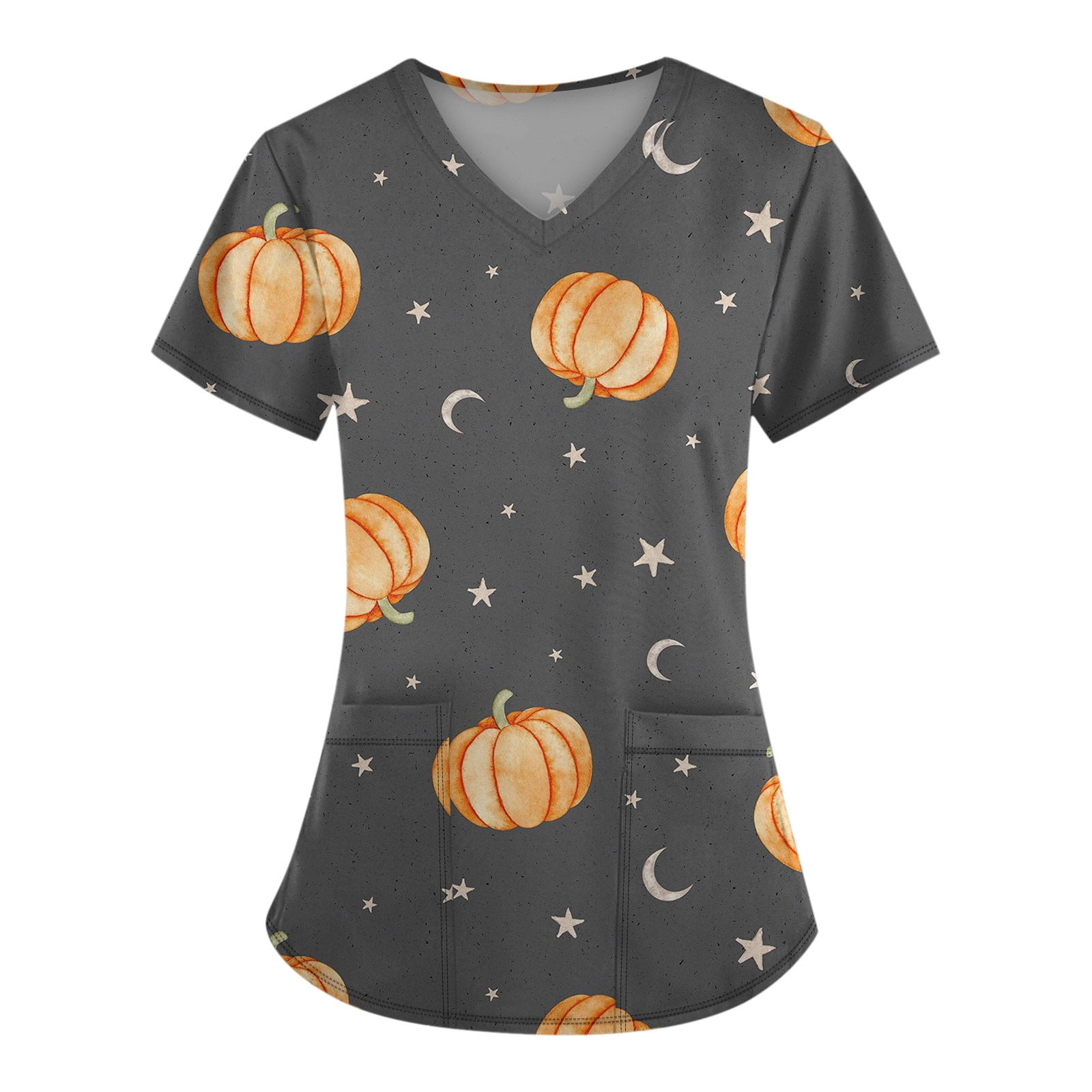 YDKZYMD Halloween Scrubs Women Pumpkin Bat Print Workwear V Neck Scrubs ...