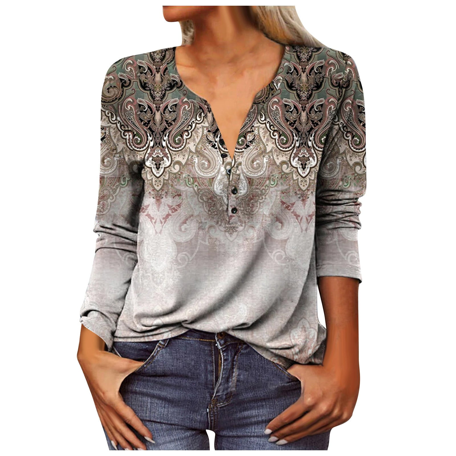 YDKZYMD Khaki Womens 3/4 Length Sleeve Tops Solid Color Printed Blouses ...