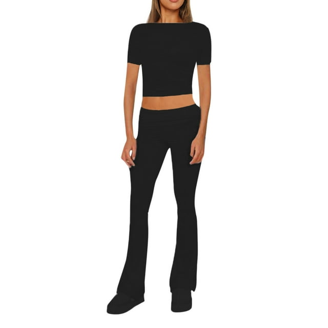 Ydkzymd Linen Sets For Women 2 Piece Y2k Short Sleeve Cropped Top Tight