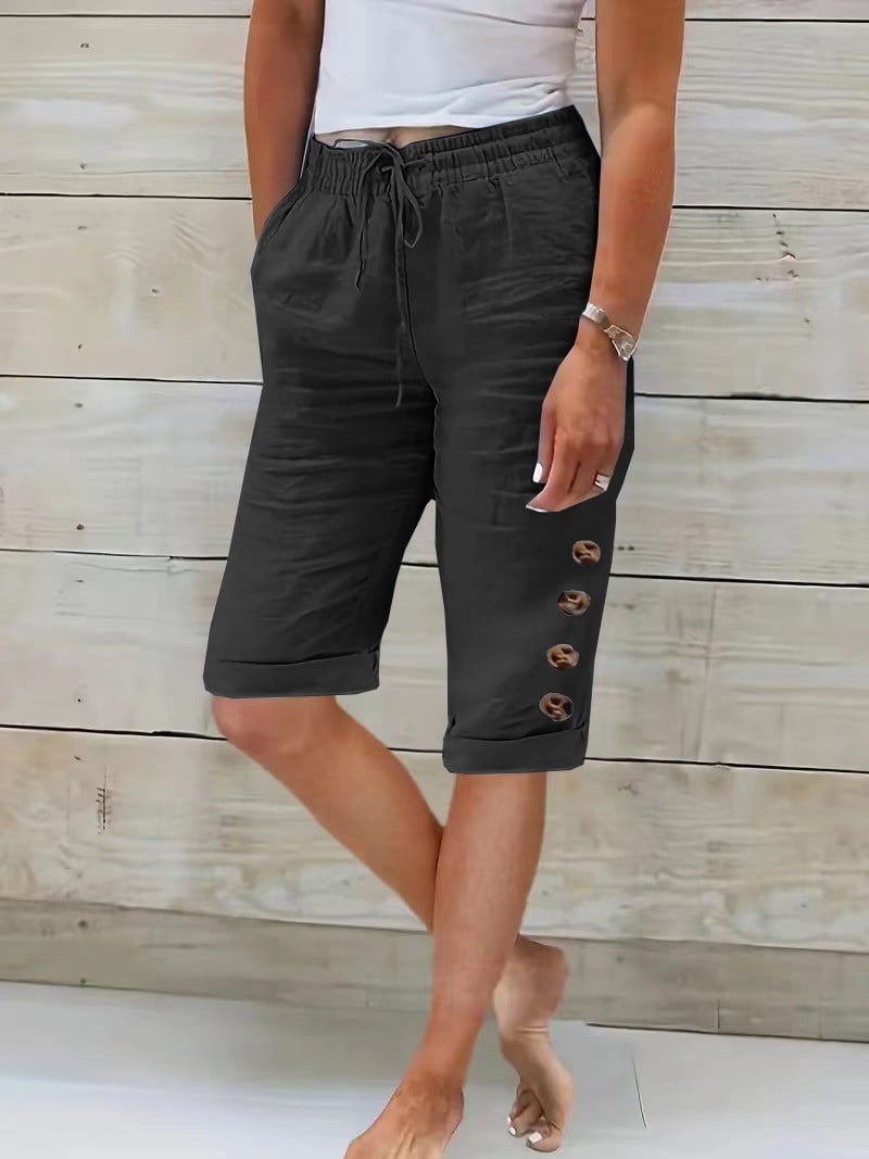 YDKZYMD Linen Shorts for Women Knee Length Bermuda Shorts Drawstring Elastic Waist Summer Casual ...