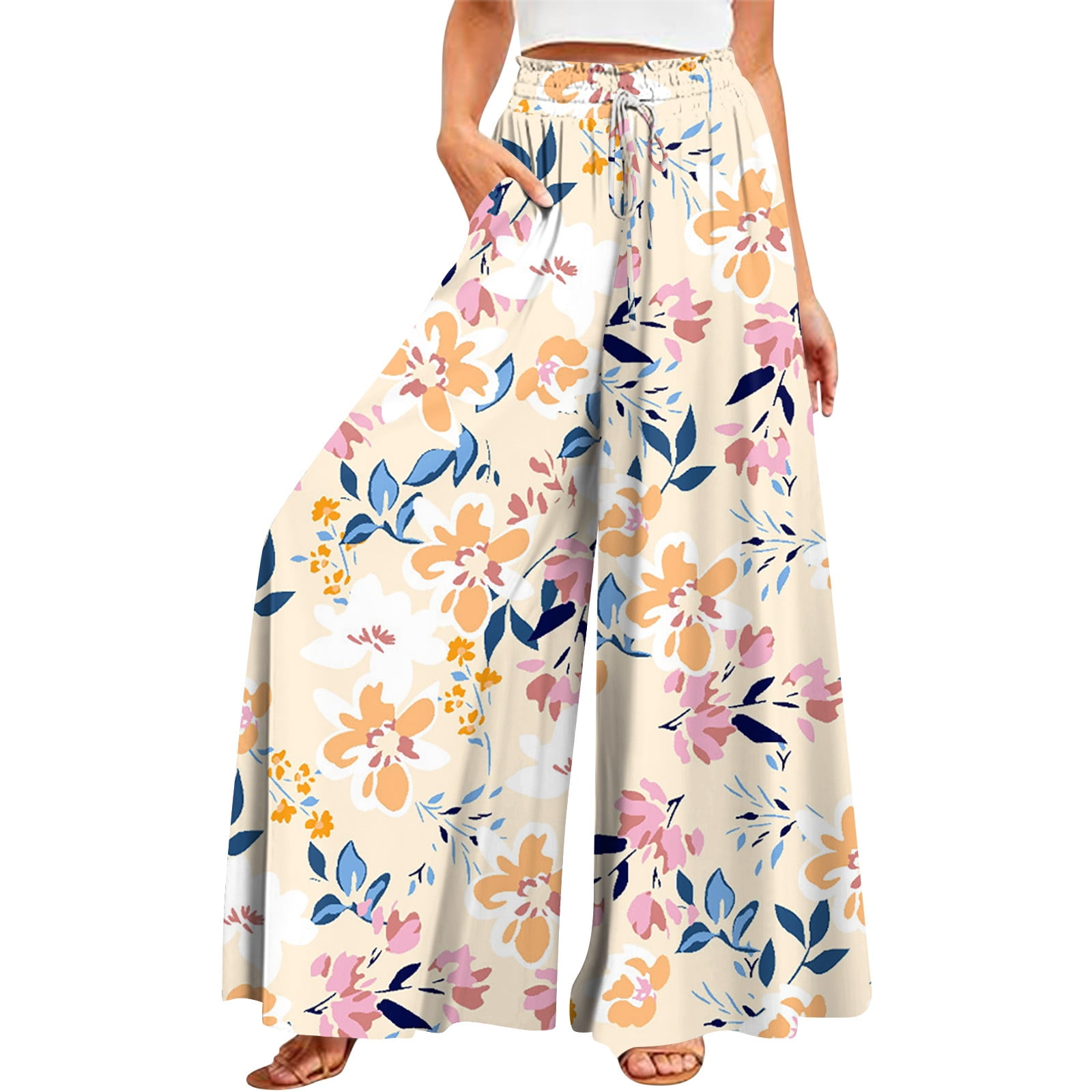 YDKZYMD Pants Women Wide Leg Palazzo Elastic Boho Floral Trousers ...