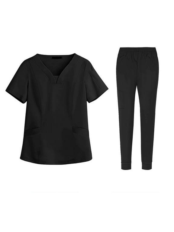 YDKZYMD Womens Scrub Sets Tall Petite Solid Color Jogger Workwear 2 ...