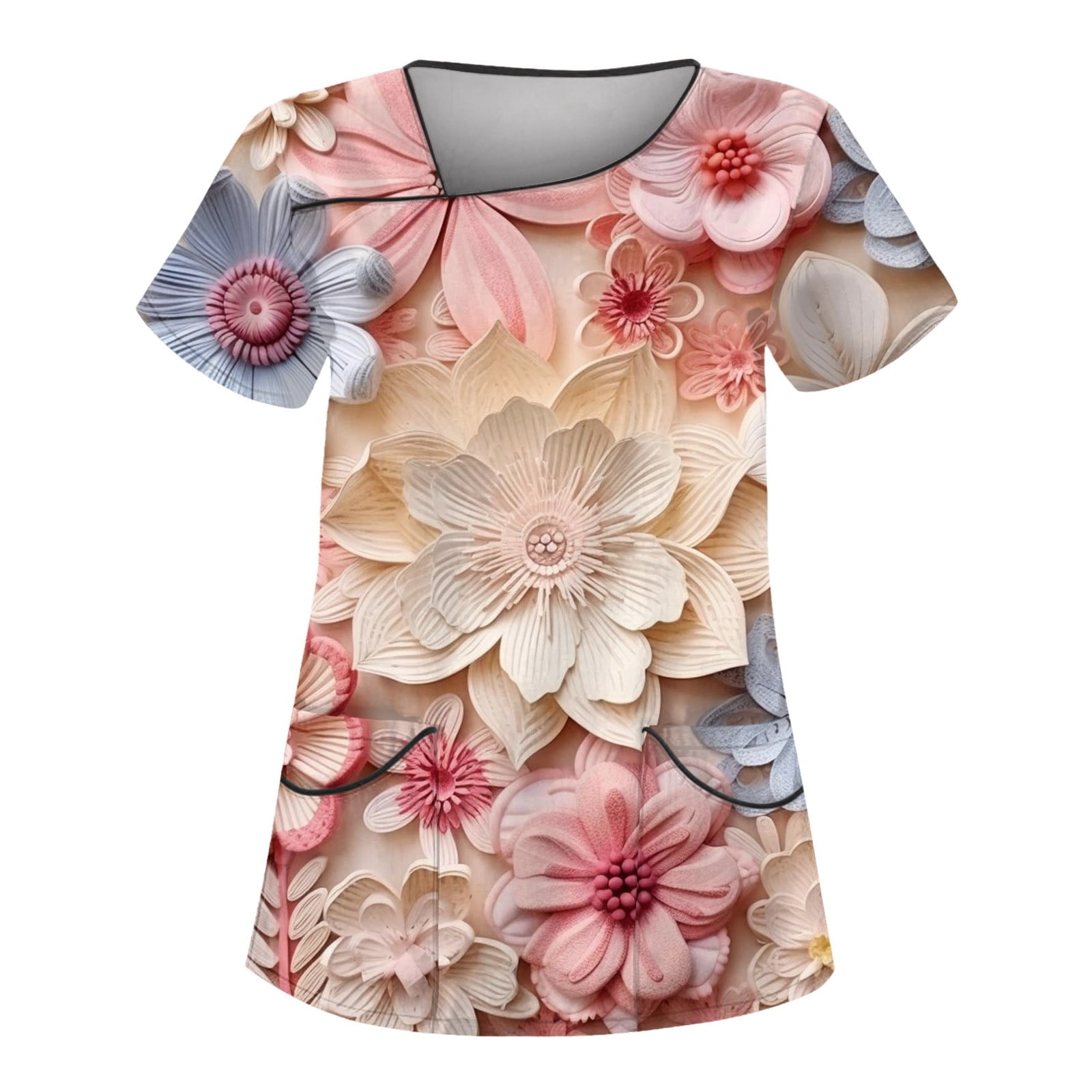YDKZYMD Printed Scrub Tops for Women Plus Size Floral Flowers Short ...