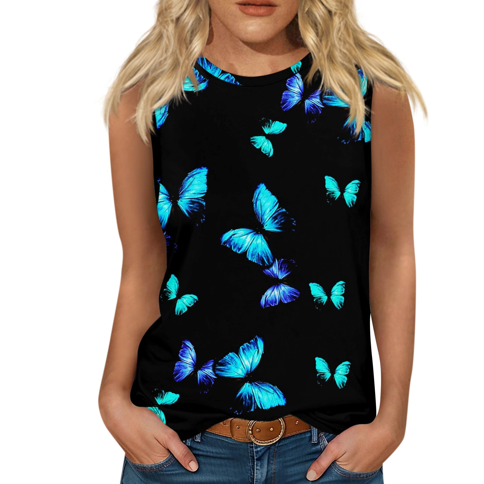 YDKZYMD Satin Tank Tops for Women Crew Neck Butterfly Summer T Shirt ...