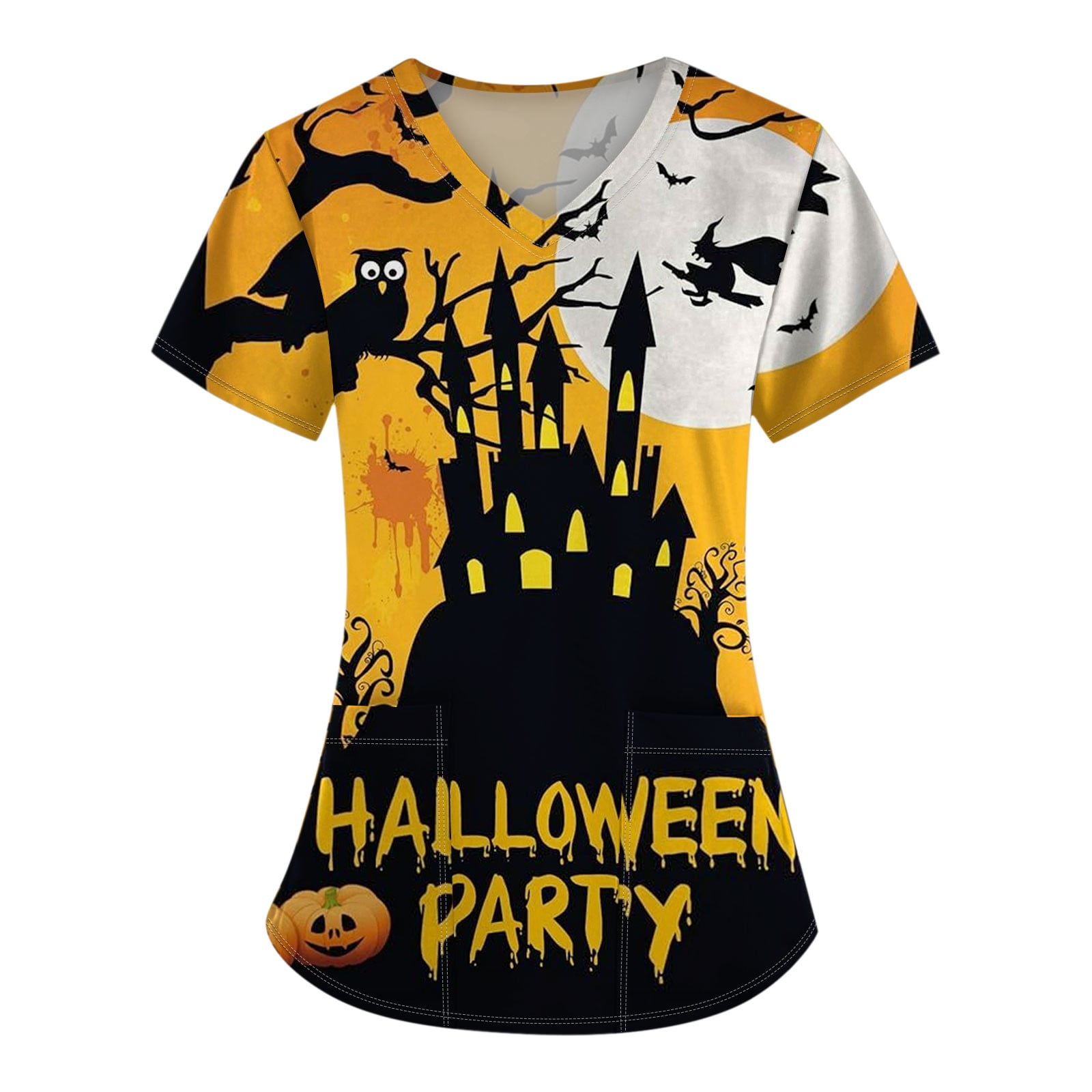 YDKZYMD Scrub Halloween Tops for Women Ghost Skeleton Nursing Uniform V ...