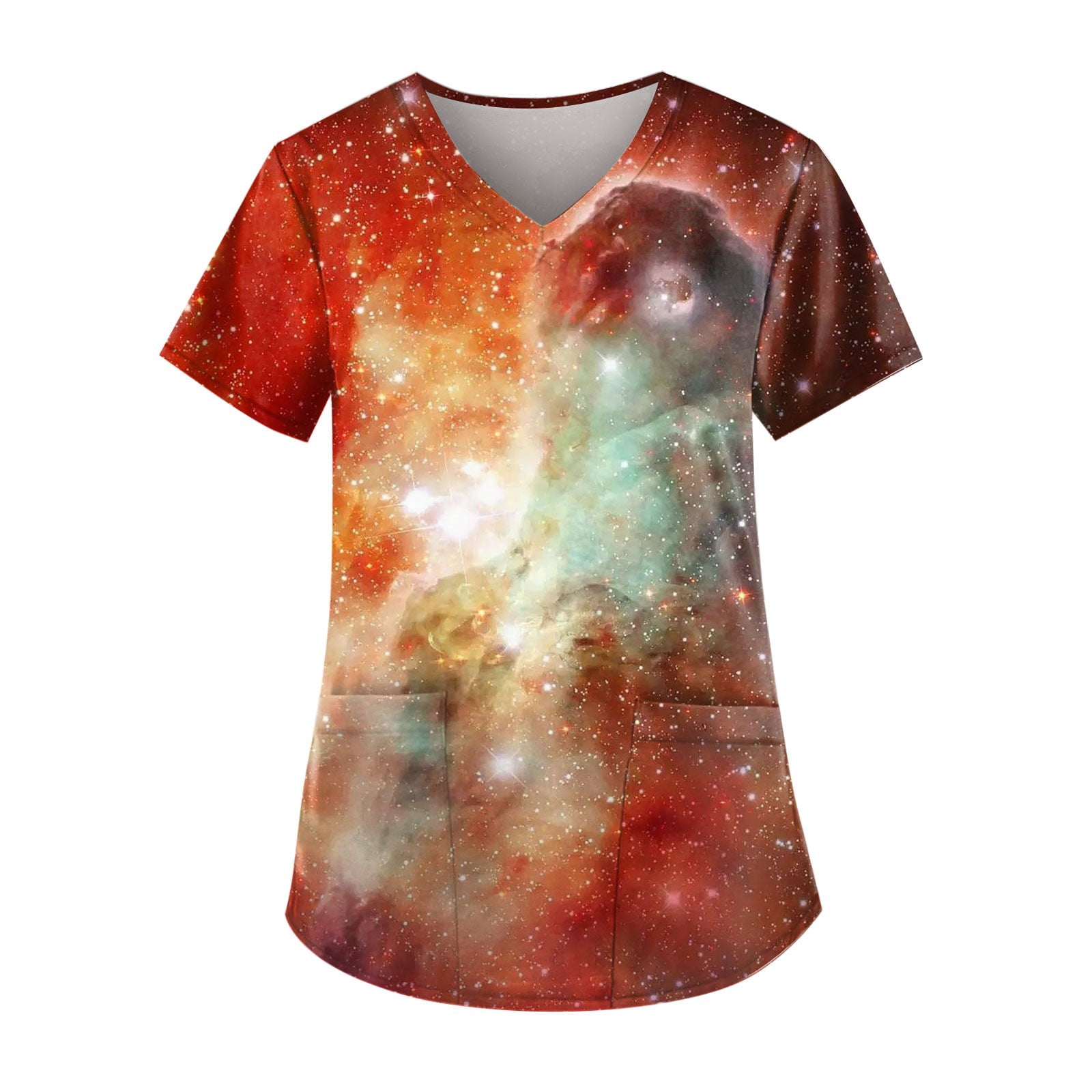 YDKZYMD Scrub Tops Uniforms Women Nebula Tit Dye Short Sleeve V Neck ...