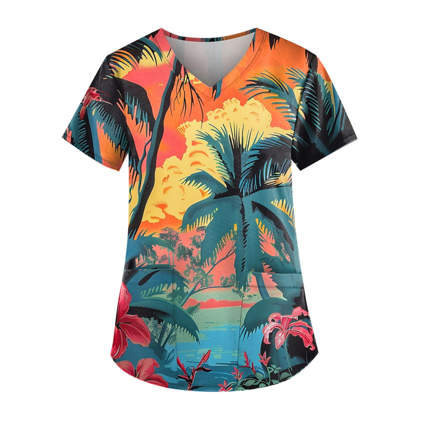 YDKZYMD Scrub Tops for Women Stretchy Hawaiian Tropical Short Sleeve ...
