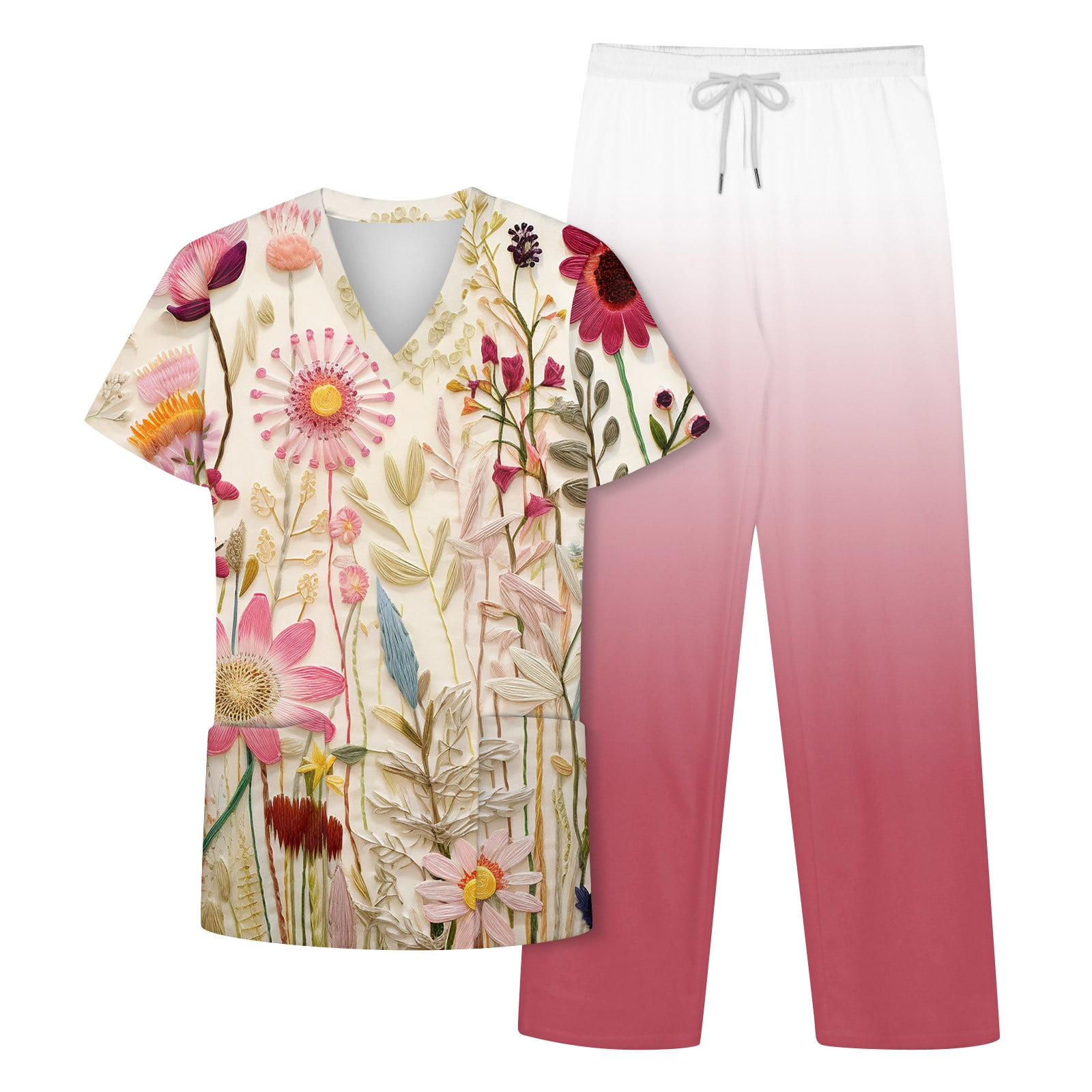 YDKZYMD Scrubs Sets for Women Medium Floral Flower Printed Short Sleeve ...