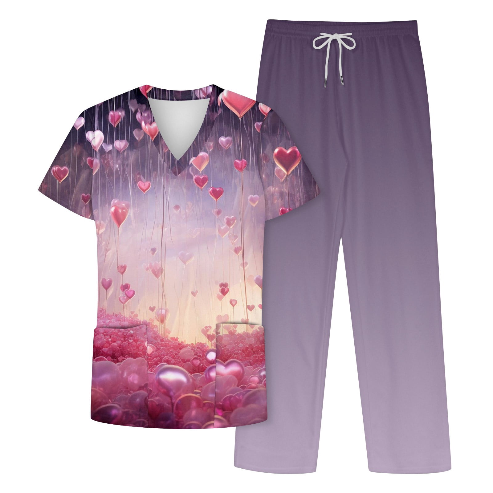YDKZYMD Scrubs Women Sets Floral Flower Printed V Neck Short Sleeve ...