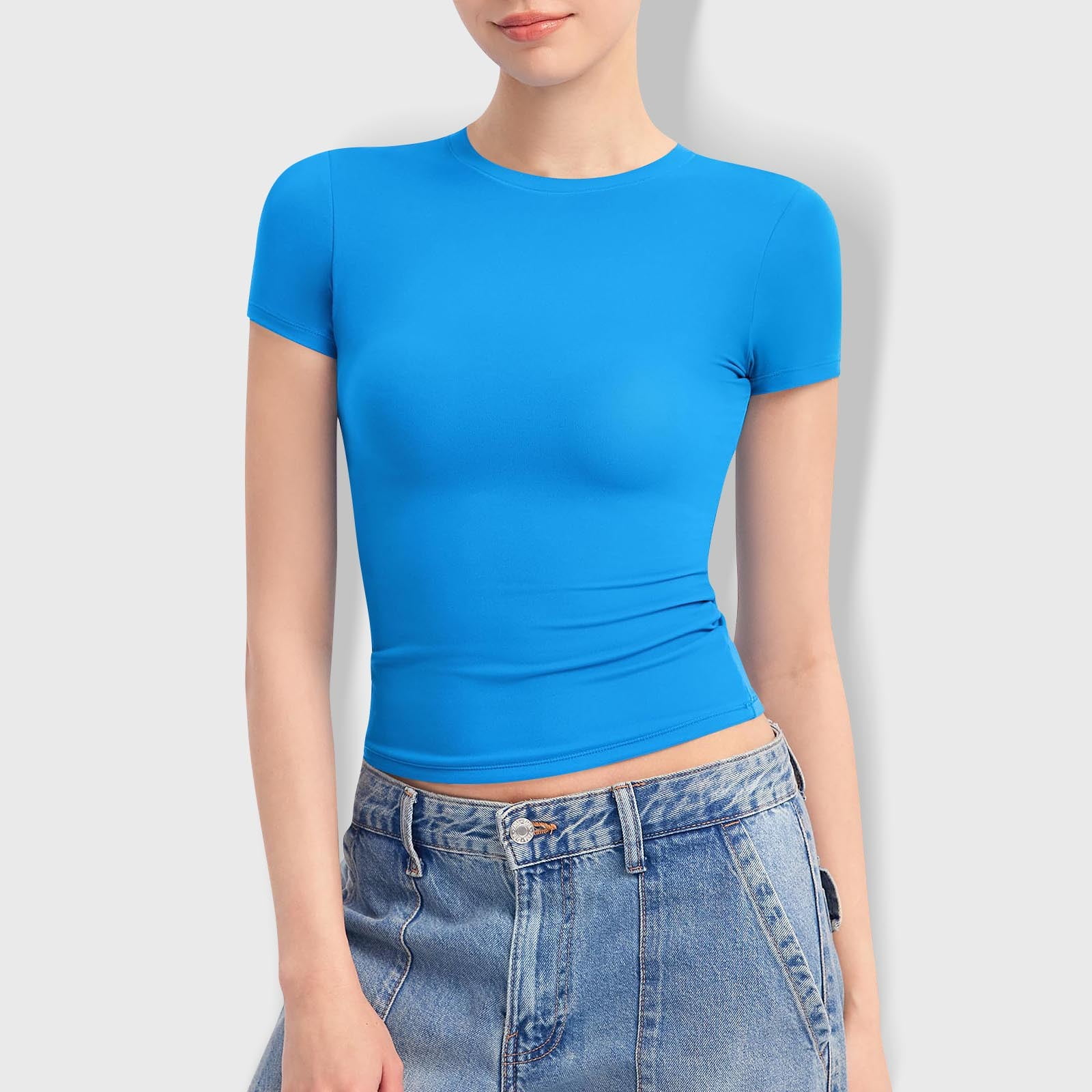 Ydkzymd Sexy Crop Top For Women Crew Neck Double Lined Short Sleeve Tee