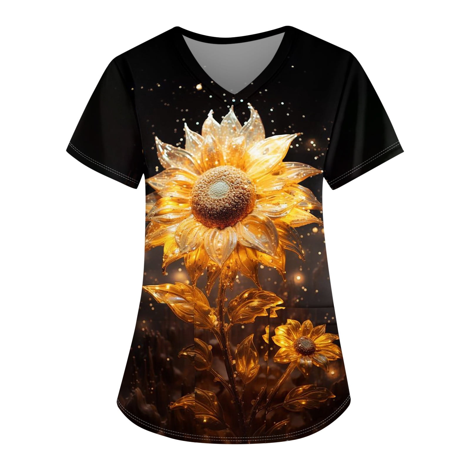 YDKZYMD Summer Scrubs Top Women Sunflower V Neck Short Sleeve Scrubs ...