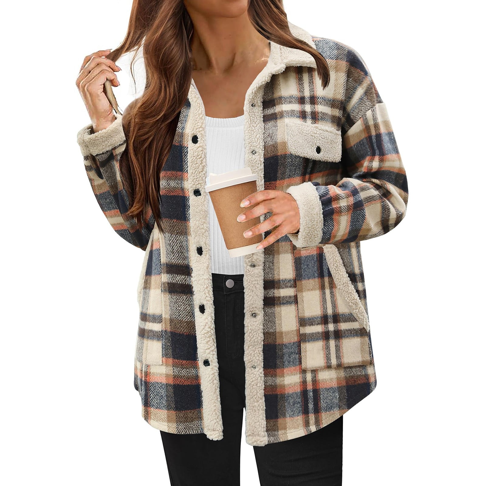 YDKZYMD Women's Fleece Lined Flannel Plaid Shacket Long Sleeve Button ...