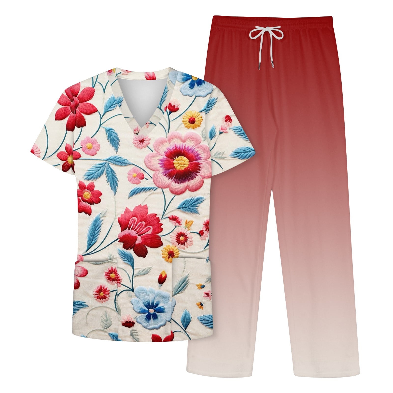 YDKZYMD Womens Ceil Scrub Sets Floral Flower Printed V Neck Plus Size 2 ...