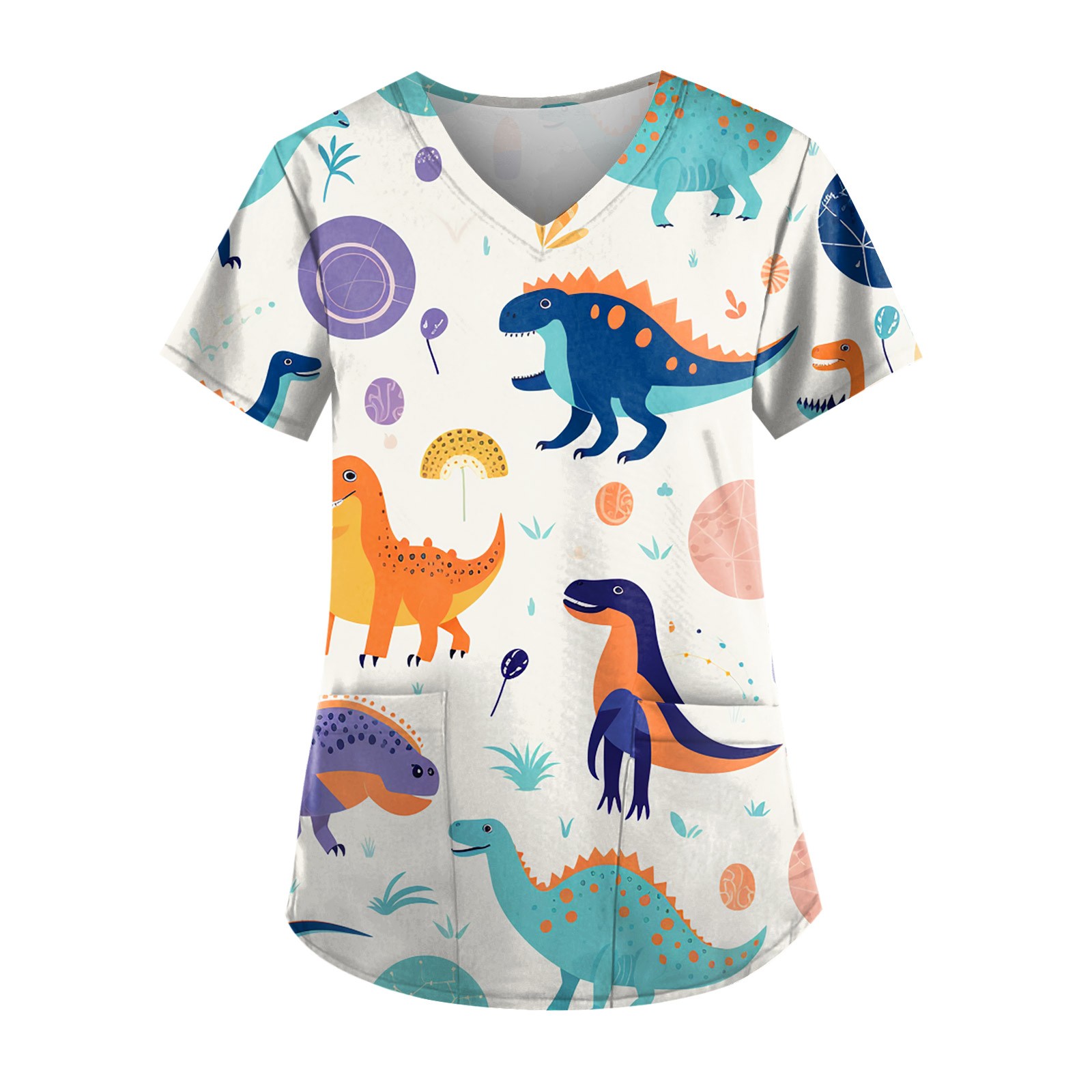 YDKZYMD Womens Fall Scrub Tops Dinosaur Plus Size with Pockets Short ...