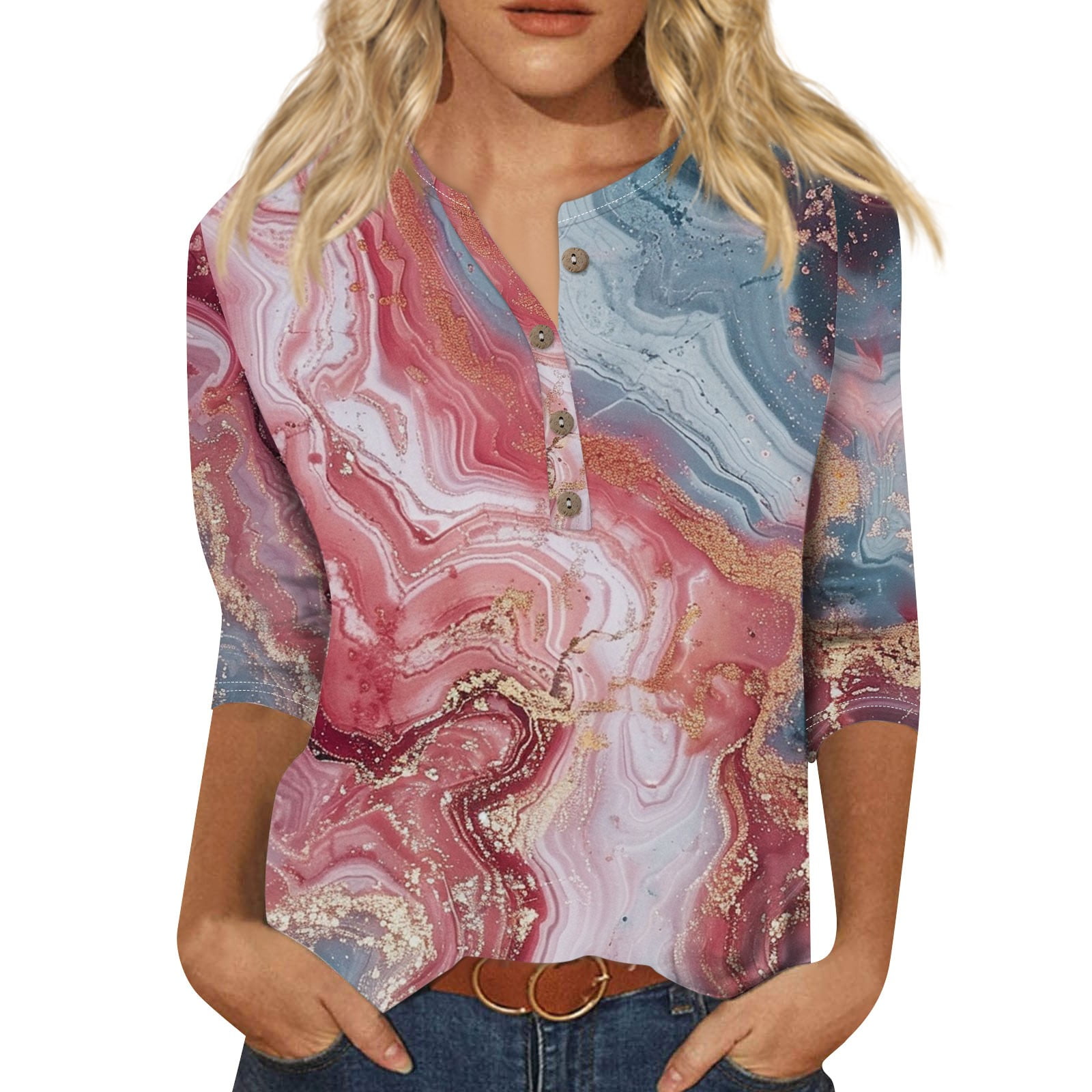 Ydkzymd Womens Oversized Shirts 3 4 Sleeves Tie Dye Fashion 2024 Trendy