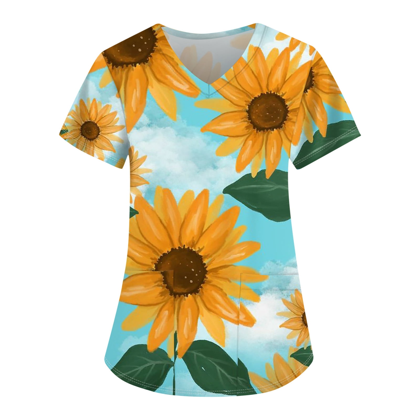 YDKZYMD Womens Scrub Set Sunflower Petite Short Sleeve Scrubs V Neck ...