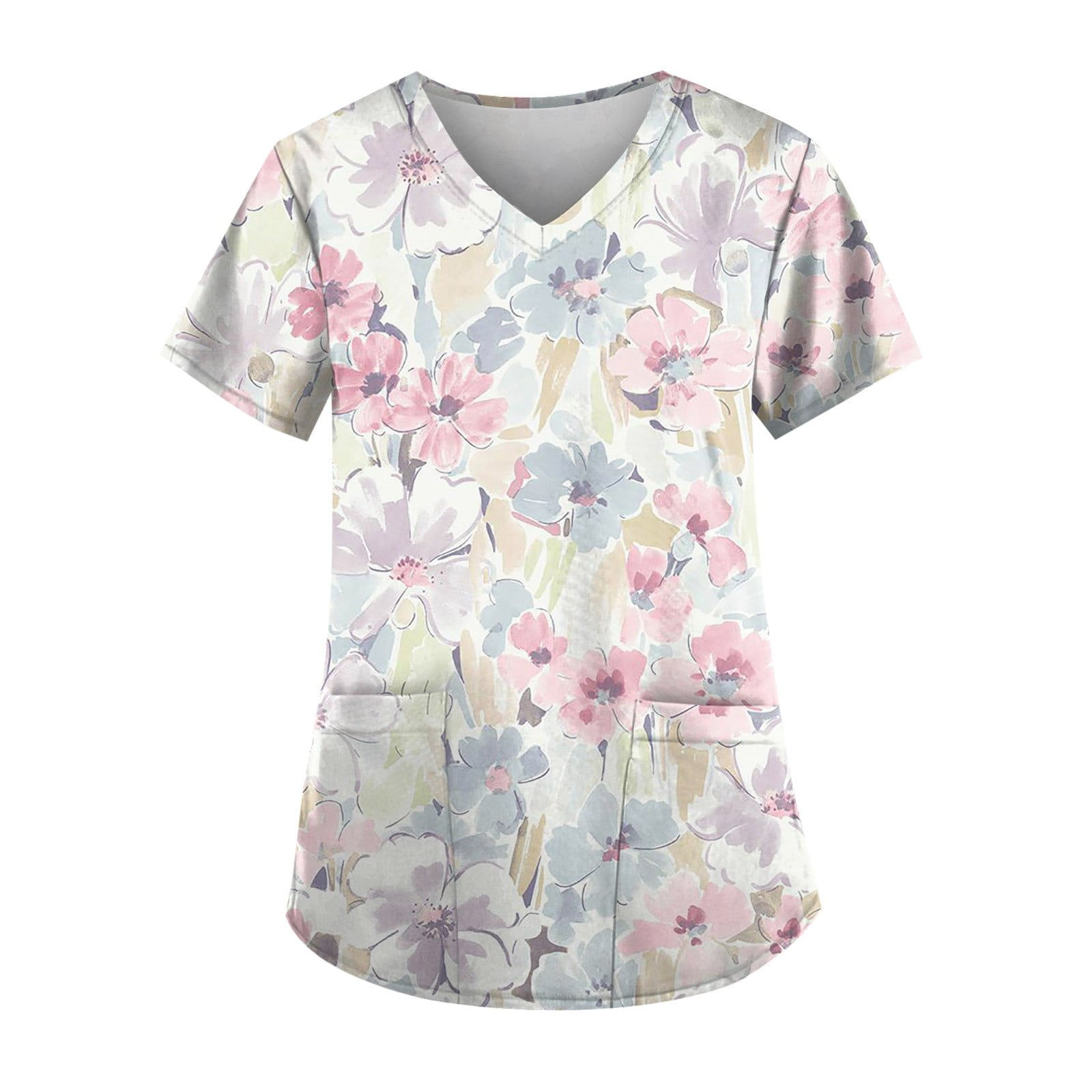 YDKZYMD Womens Scrub Tops Sets Round Neck Floral Flowers Workwear with ...