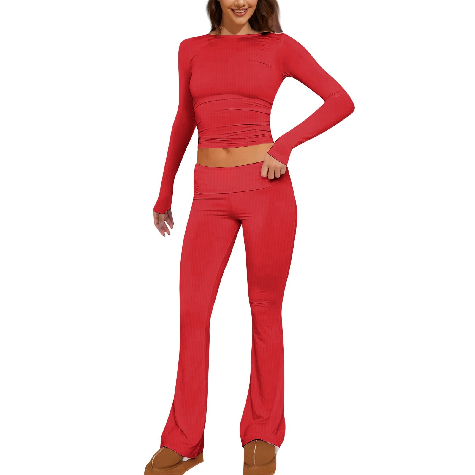 Ydkzymd Womens Sweat Suits 2 Piece Set Long Sleeve Cropped Top Wide Leg