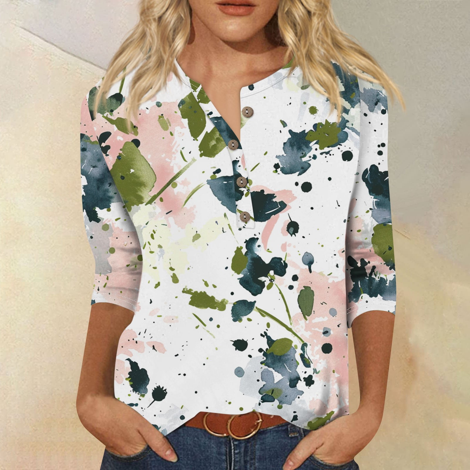 Ydkzymd Womens T Shirts 3 4 Sleeves Tie Dye Fashion Button Down Plus