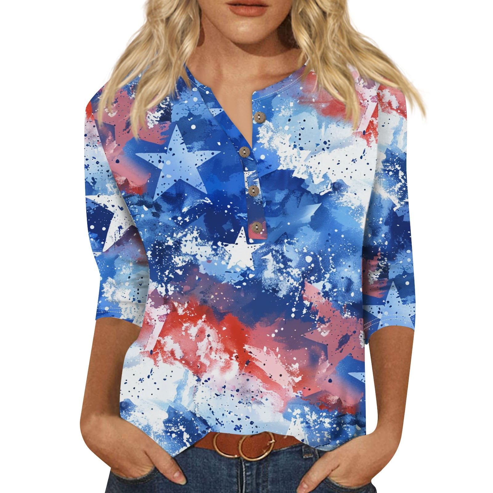 Ydkzymd Womens T Shirts 3 4 Sleeves Tie Dye Plus Size Henley Fashion