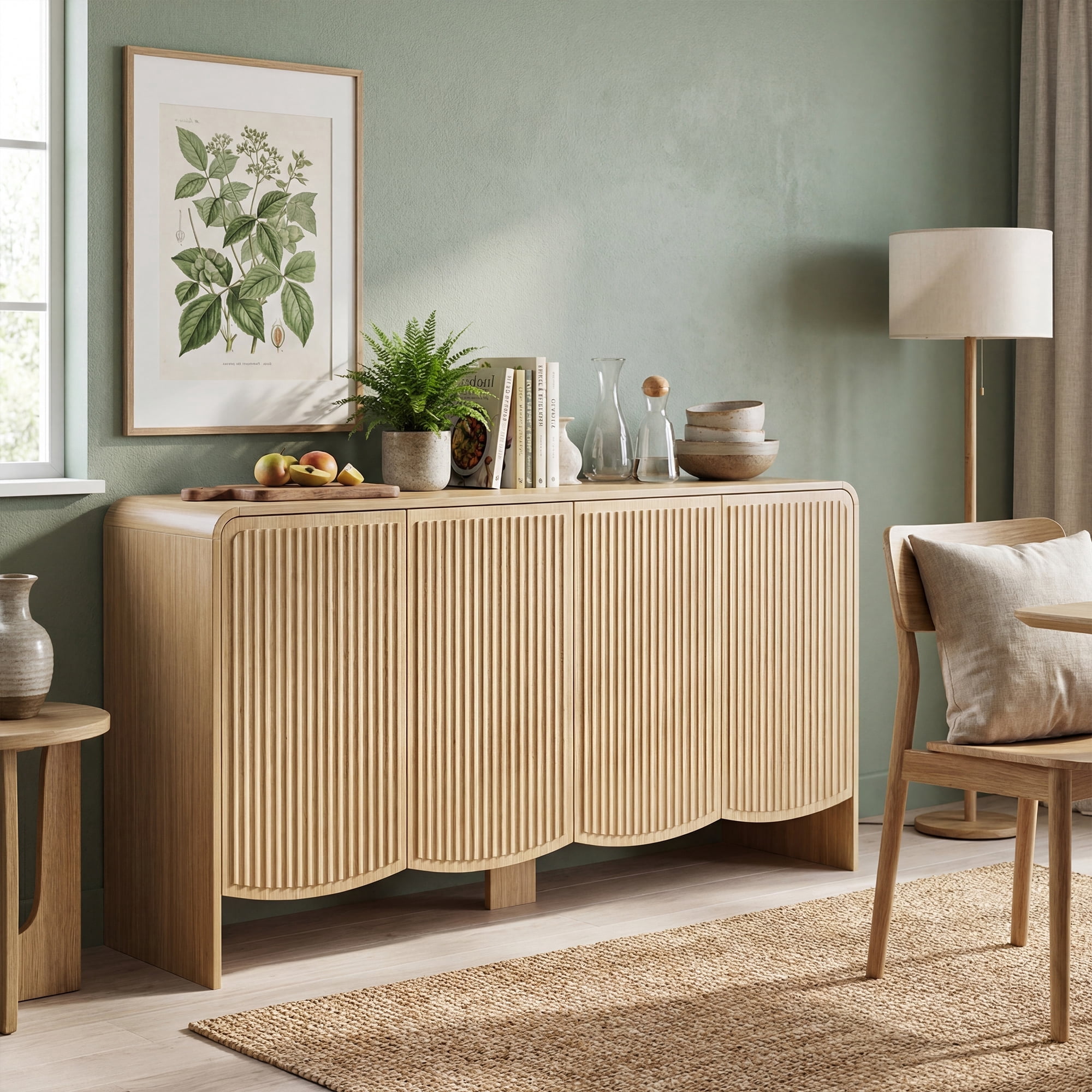 YDN Modern Fluted Buffet Sideboard Cabinet - Wooden 58" Accent ...