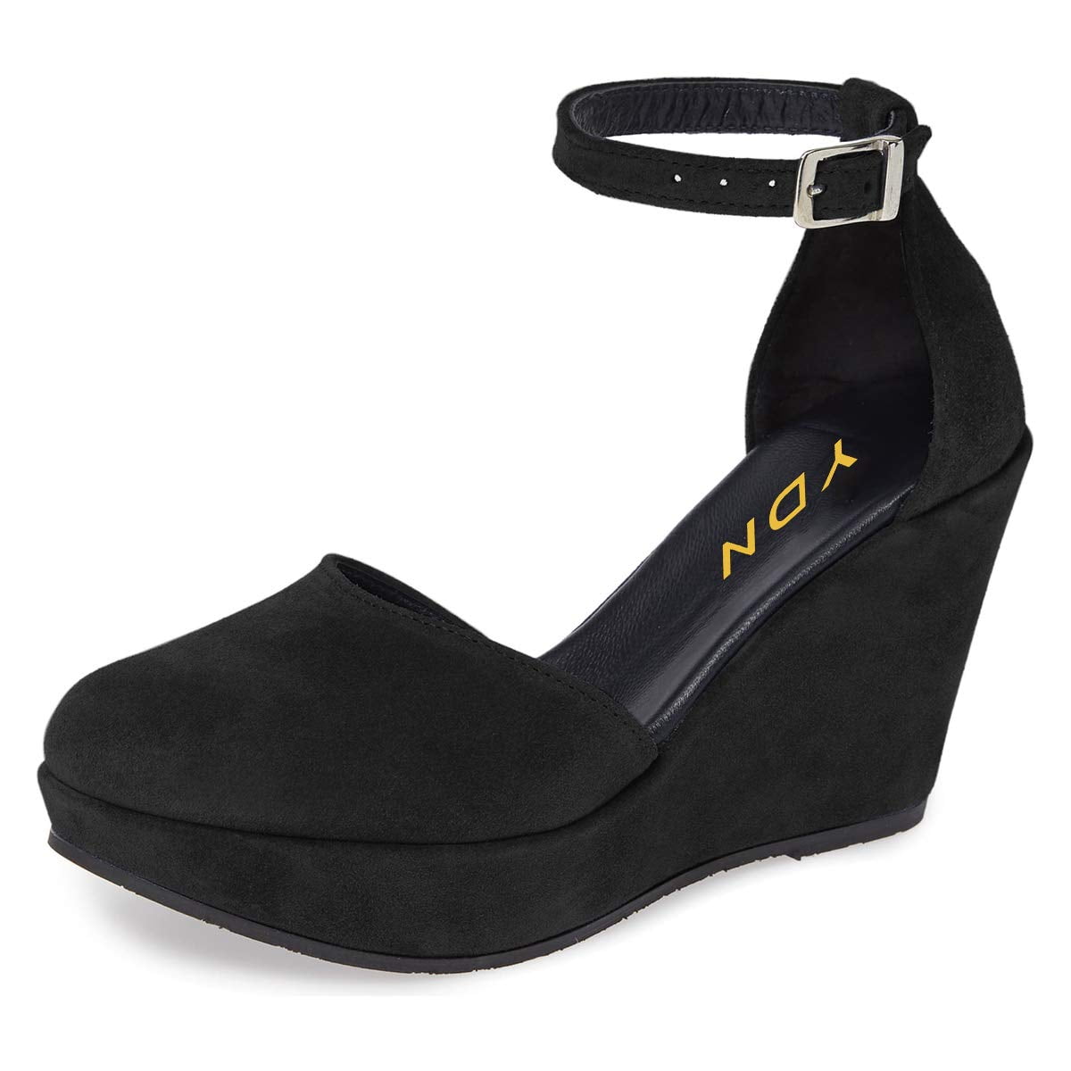 YDN Women Classic Round Closed Toe Wedge High Heeled Pumps Ankle Strap ...