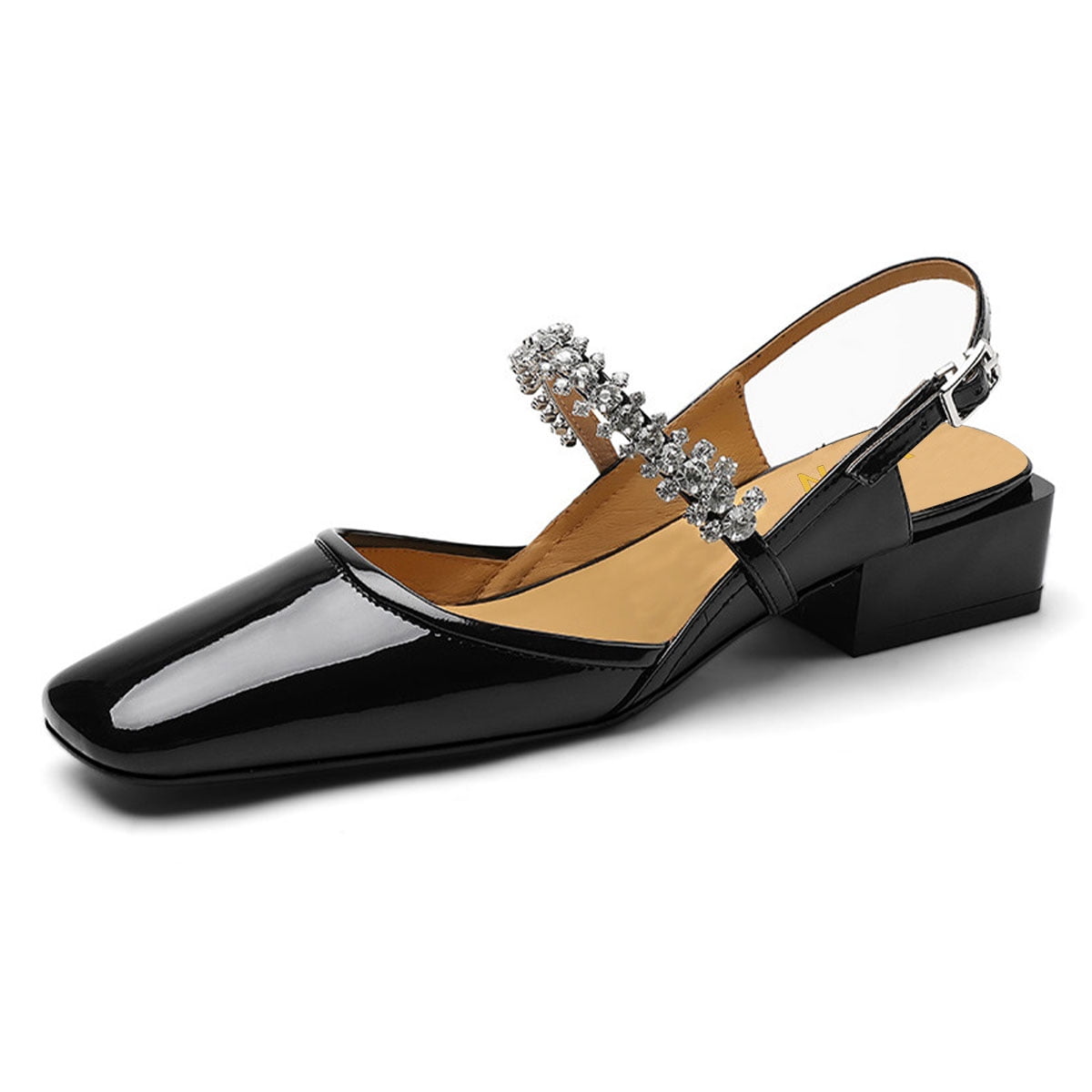 YDN Women Classic Square Closed Toe Rhinestone Strap Pumps Block Low ...