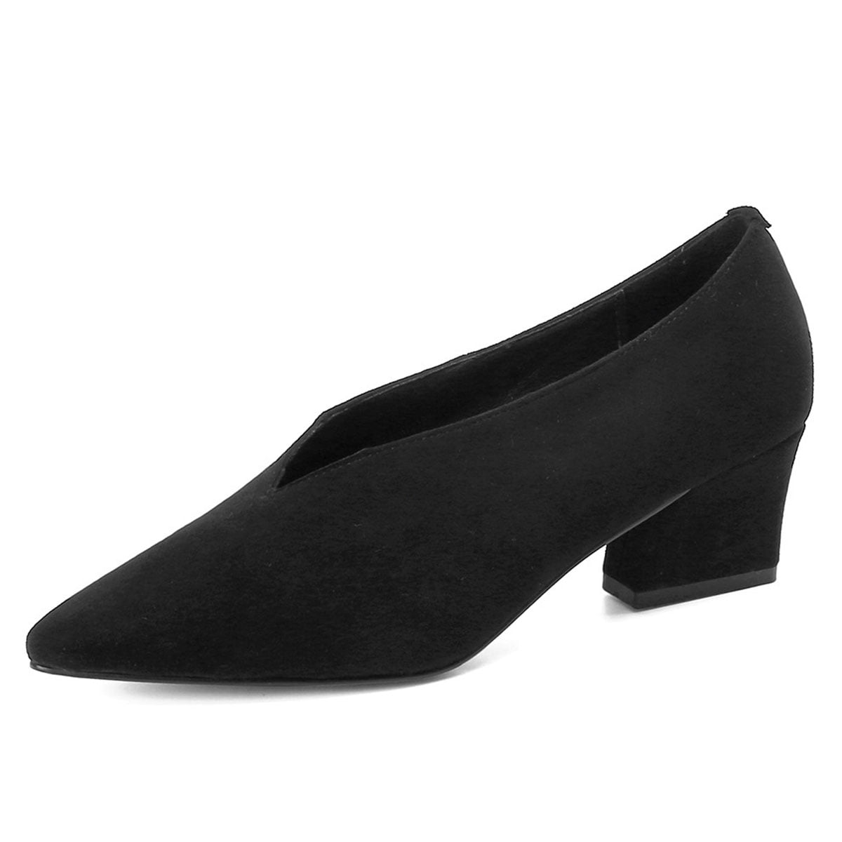 YDN Women Comfy Pointed Closed Toe V Cut Pumps Slip On Chunky Low Heels ...
