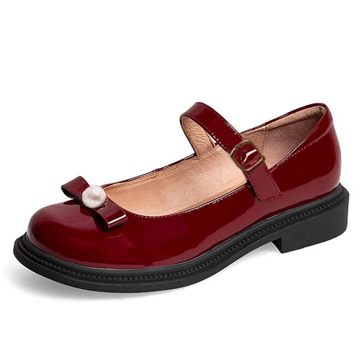 YDN Women Cozy Round Toe Buckle Strap Mary Jane Flats Bows Pearl Block ...