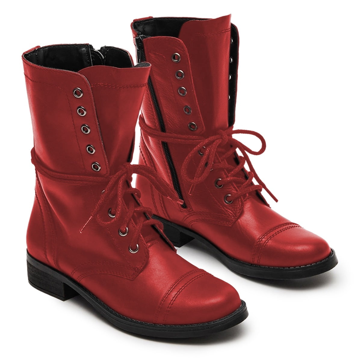 YDN Women Fashion Combat Boots Closed Round Toe Zippers Flats Lace Up ...