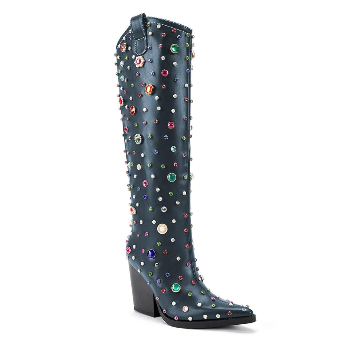 YDN Women Fashion Rhinestone Studded Knee High Boots Pull On Chunky ...