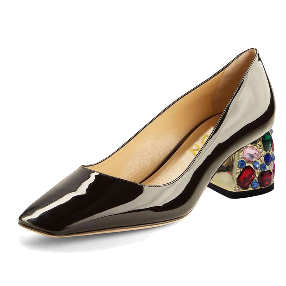 YDN Women Graceful Square Closed Toe Slip On Pumps Rhinestone Studded ...