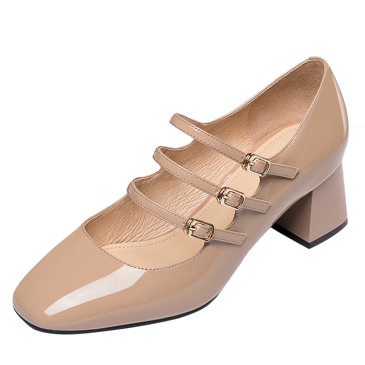 YDN Women Lovely Triple Straps Buckle Mary Janes Mid Chunky Heel Slip ...