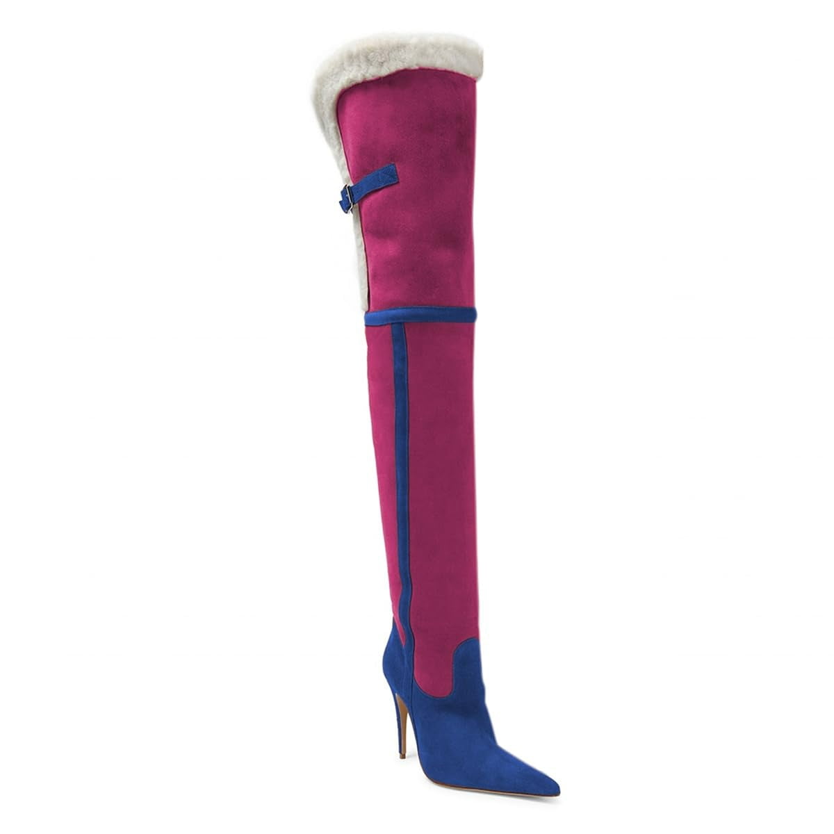 YDN Women Pointed Toe Two Tone Thigh High Boots Pull On Buckle Stiletto ...