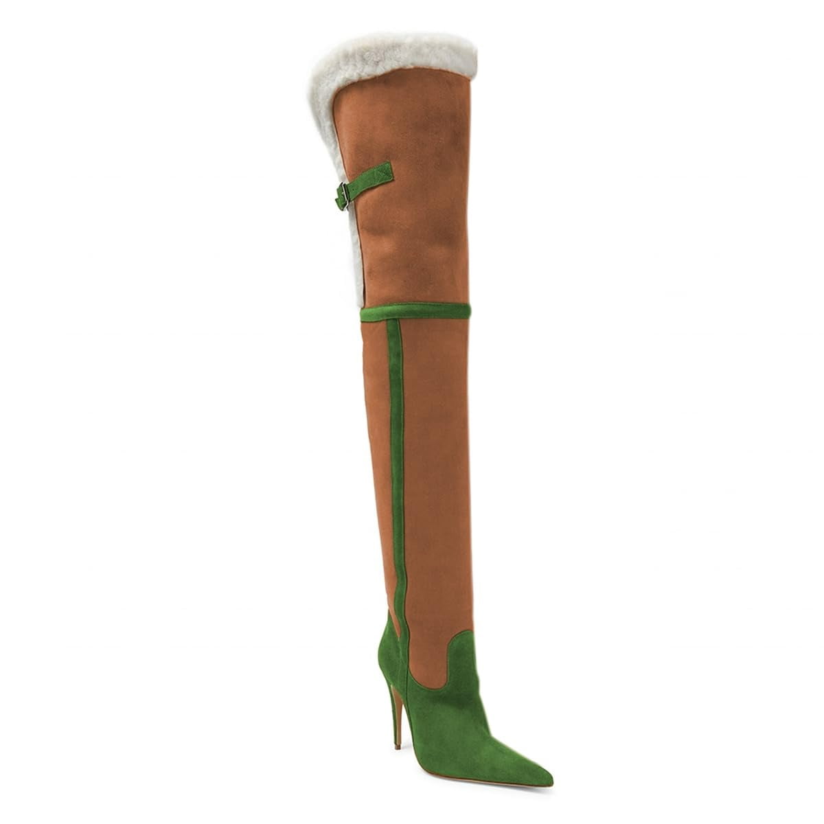 YDN Women Pointed Toe Two Tone Thigh High Boots Pull On Buckle Stiletto ...