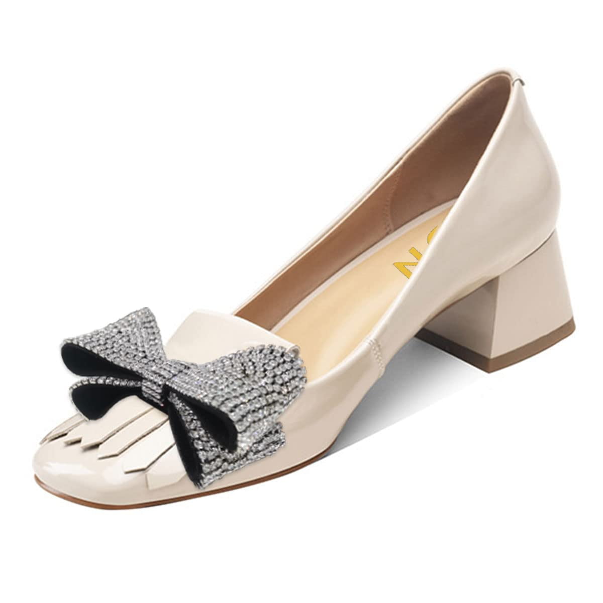 YDN Women Square Toe Double Rhinestone Bow Pumps Low Chunky Heel Slip ...