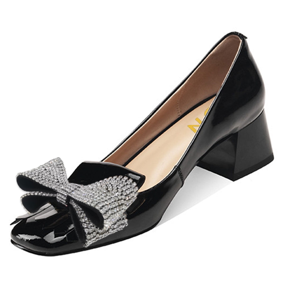 YDN Women Square Toe Double Rhinestone Bow Pumps Low Chunky Heel Slip ...
