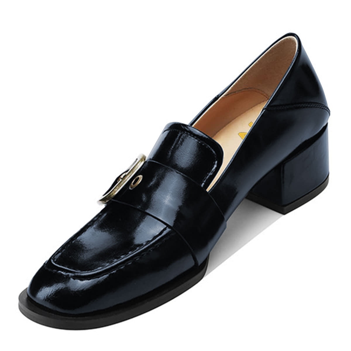 YDN Women Square Toe Strap Buckle Loafers Slip On Block Low Heel Pumps ...