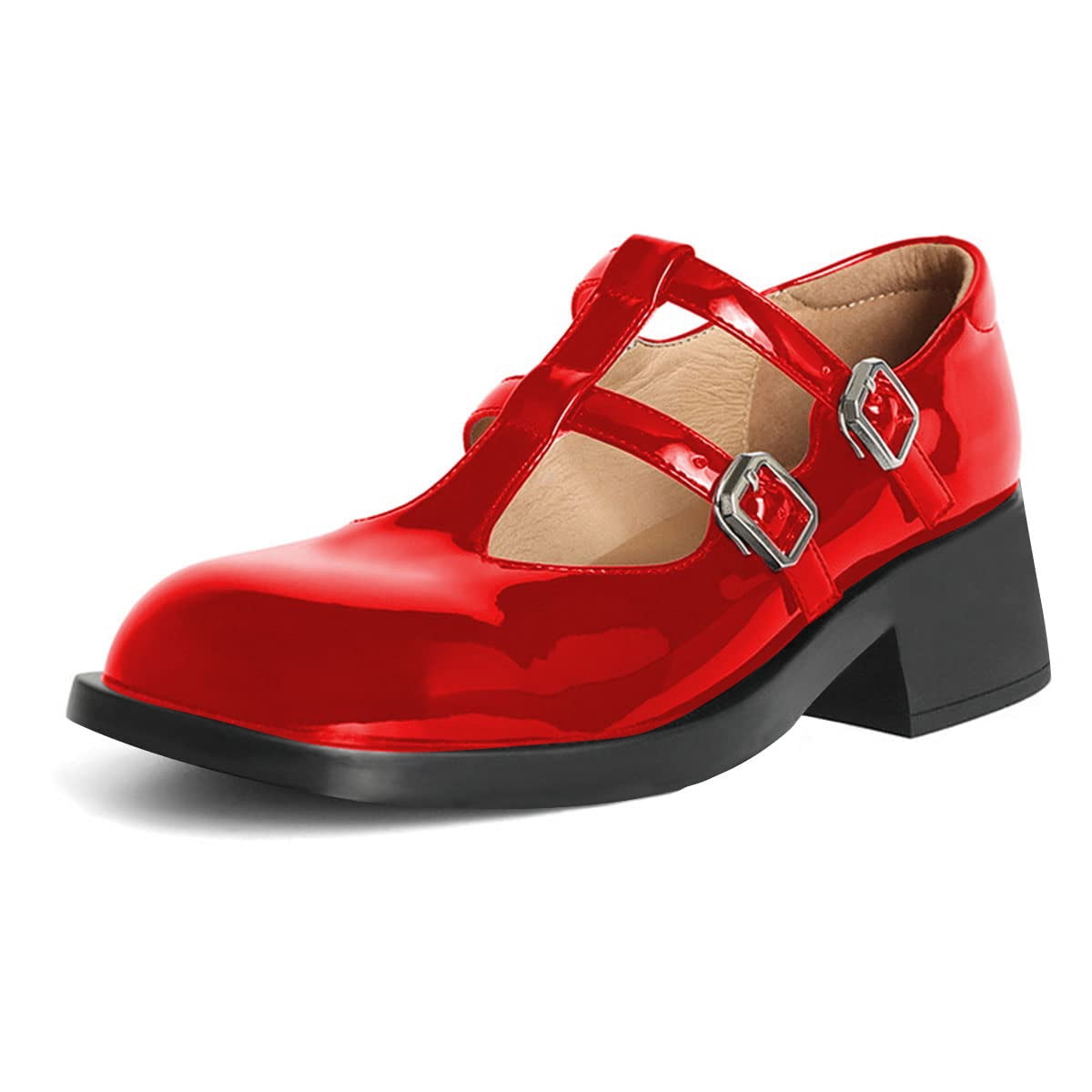 YDN Women's Square Closed Toe T-Straps Mary Janes Chunky Low Heel ...