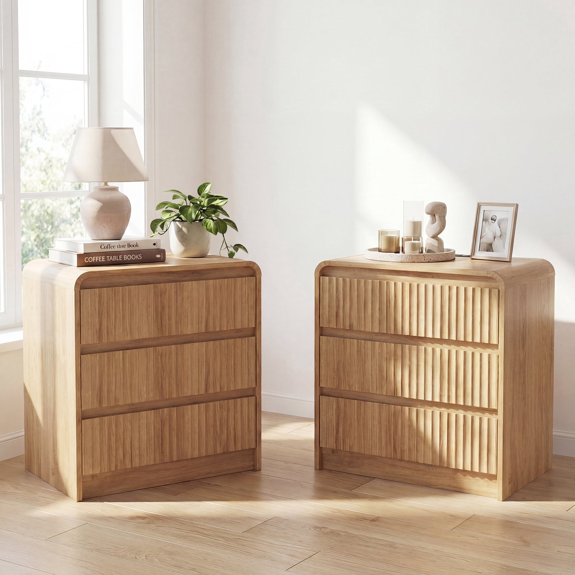 YDN Wooden Fluted Nightstand with Charging Station - 3 Drawers Bedroom ...