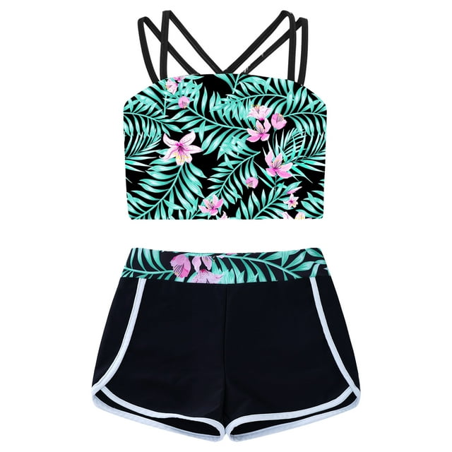 YEAHDOR Big Girls Two-piece Swimsuit Allover Lily Print Criss Cross ...