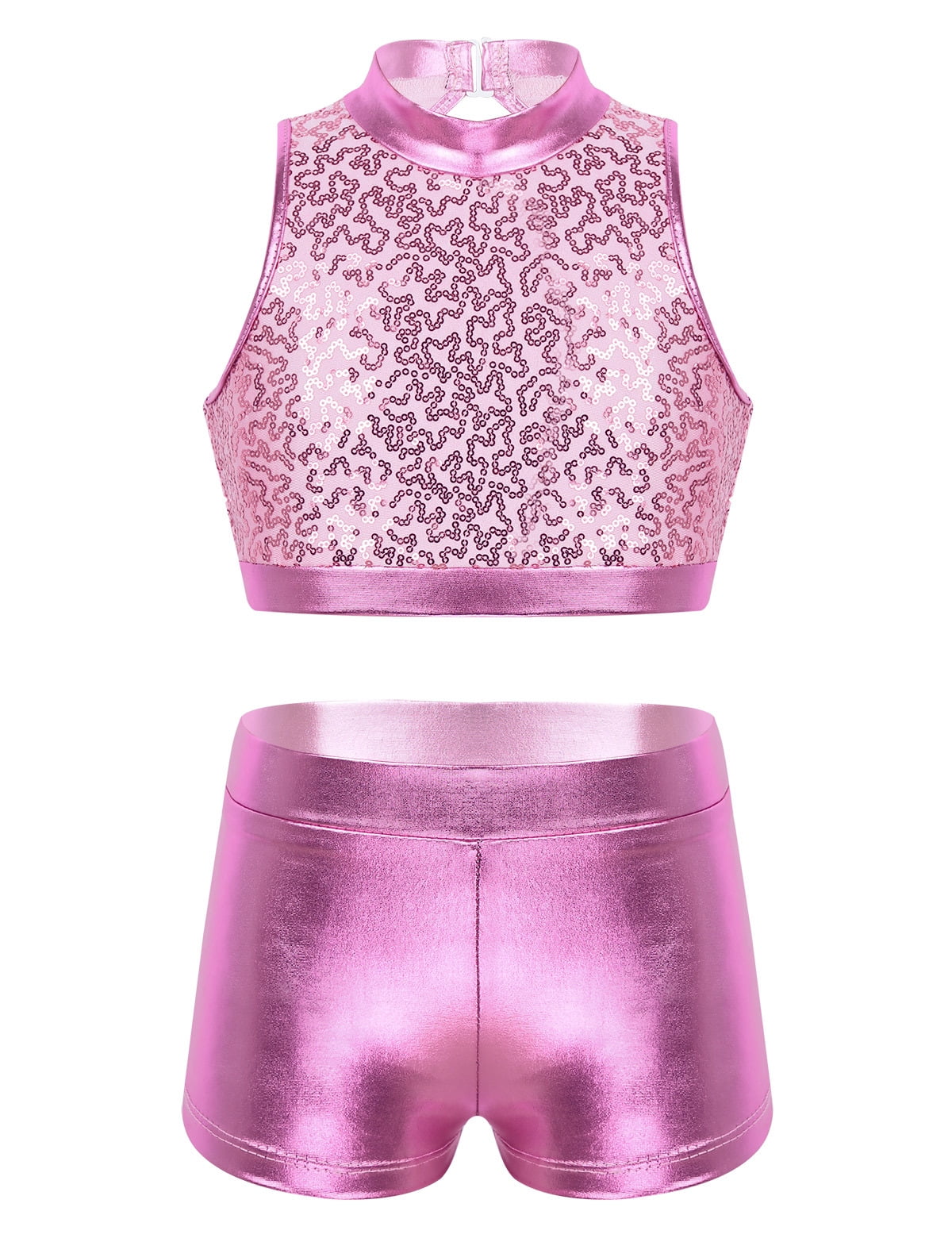 YEAHDOR Girls 2Pcs Dance Outfit Shiny Sequins Crop Top with Metallic ...