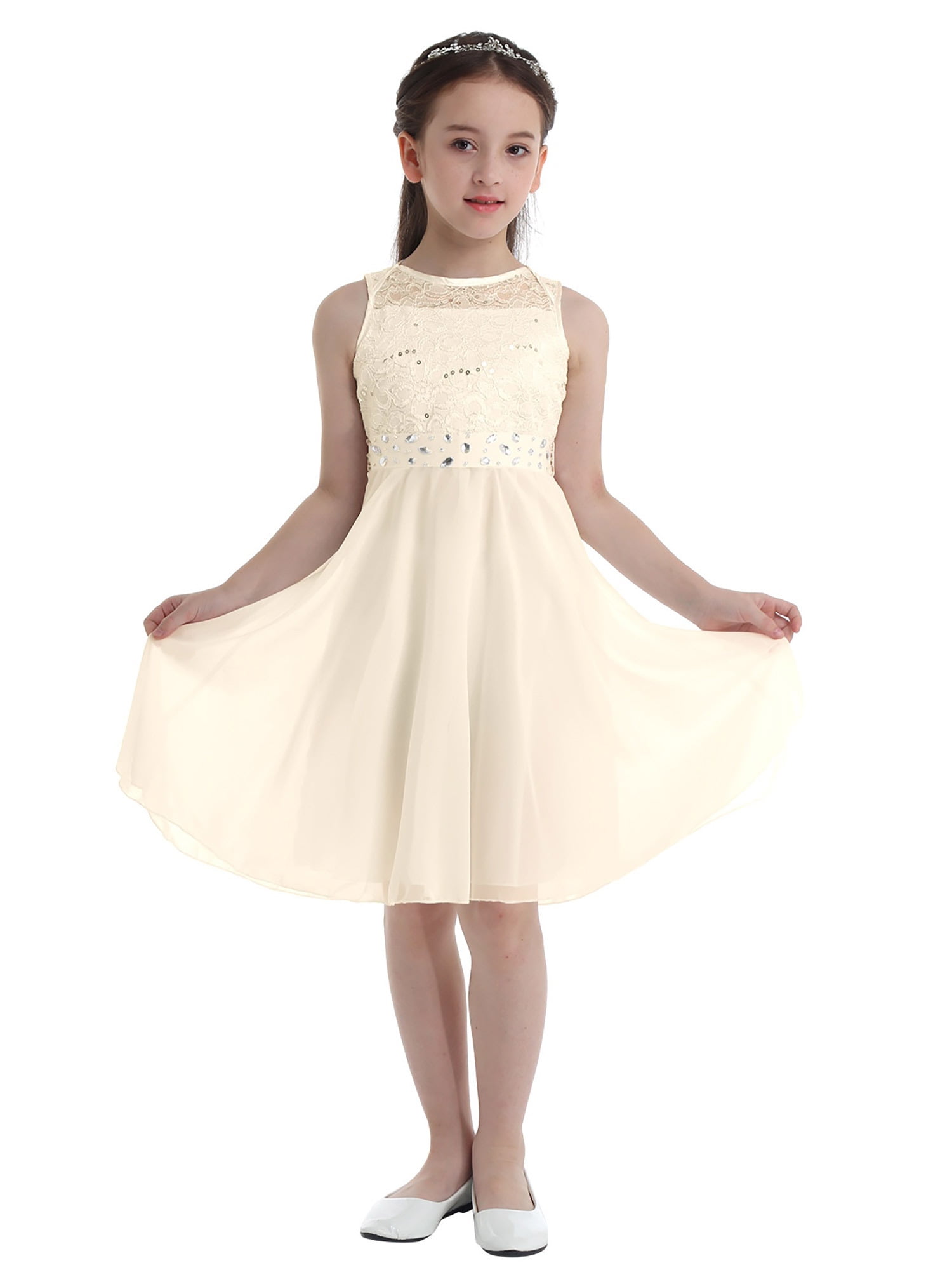 YEAHDOR Girls Chiffon Sequins Flower Girl Dress Floral Lace Princess ...