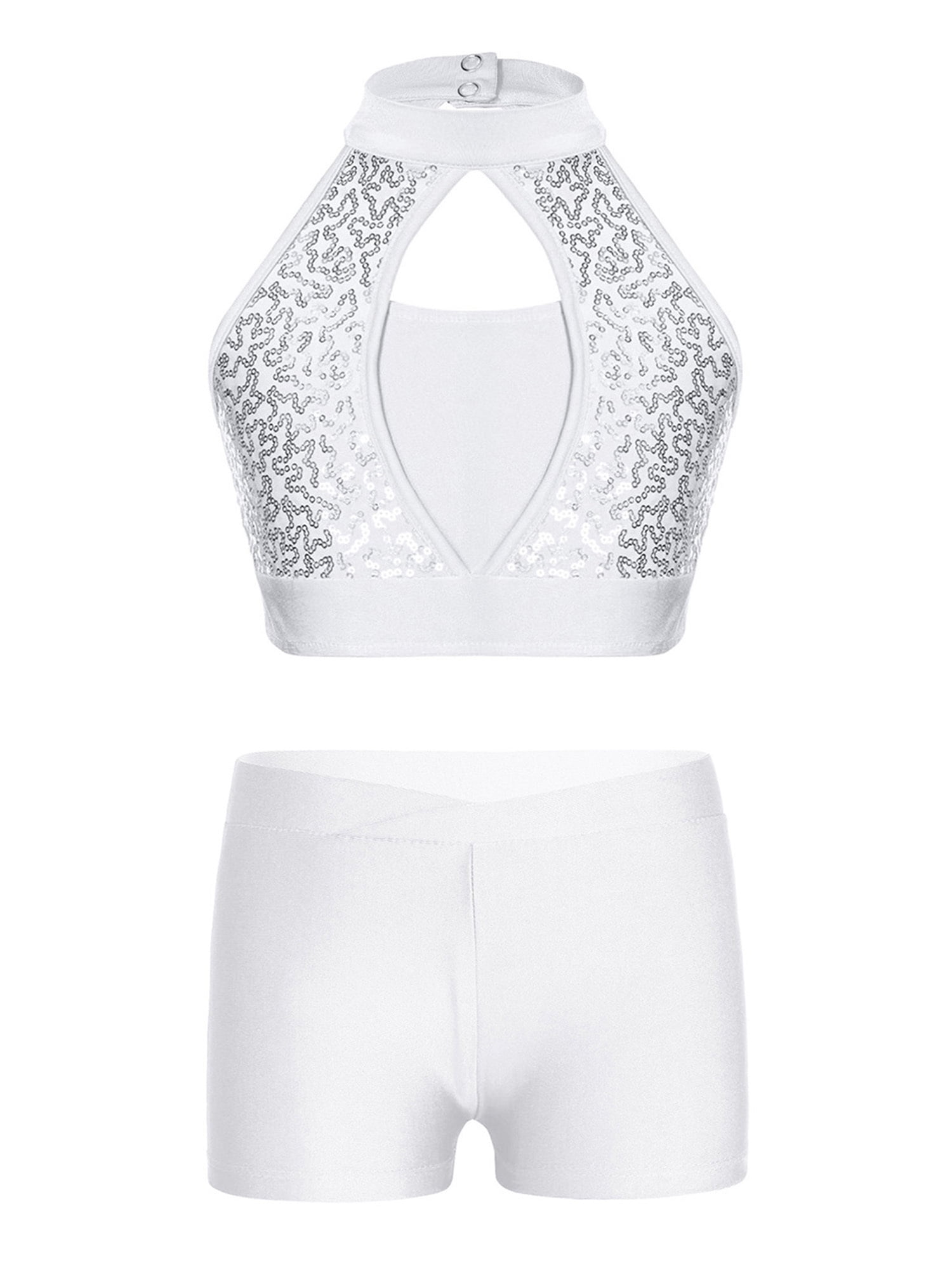 YEAHDOR Girls Dance Performance Gymnastics 2Pcs Outfit Halter Sparkle ...